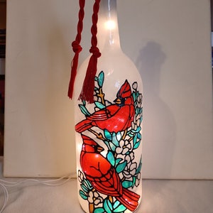 Cardinals Lighted Hand Painted Wine Bottle Inspired Stained Glass Look ...