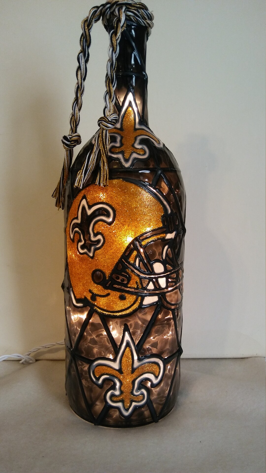 Lighted Handpainted Wine Bottle. New Orleans Saints Inspired Stained ...