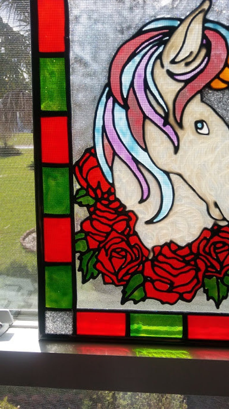 Unicorn and Roses Stained Glass Window Panel Hand Painted - Etsy