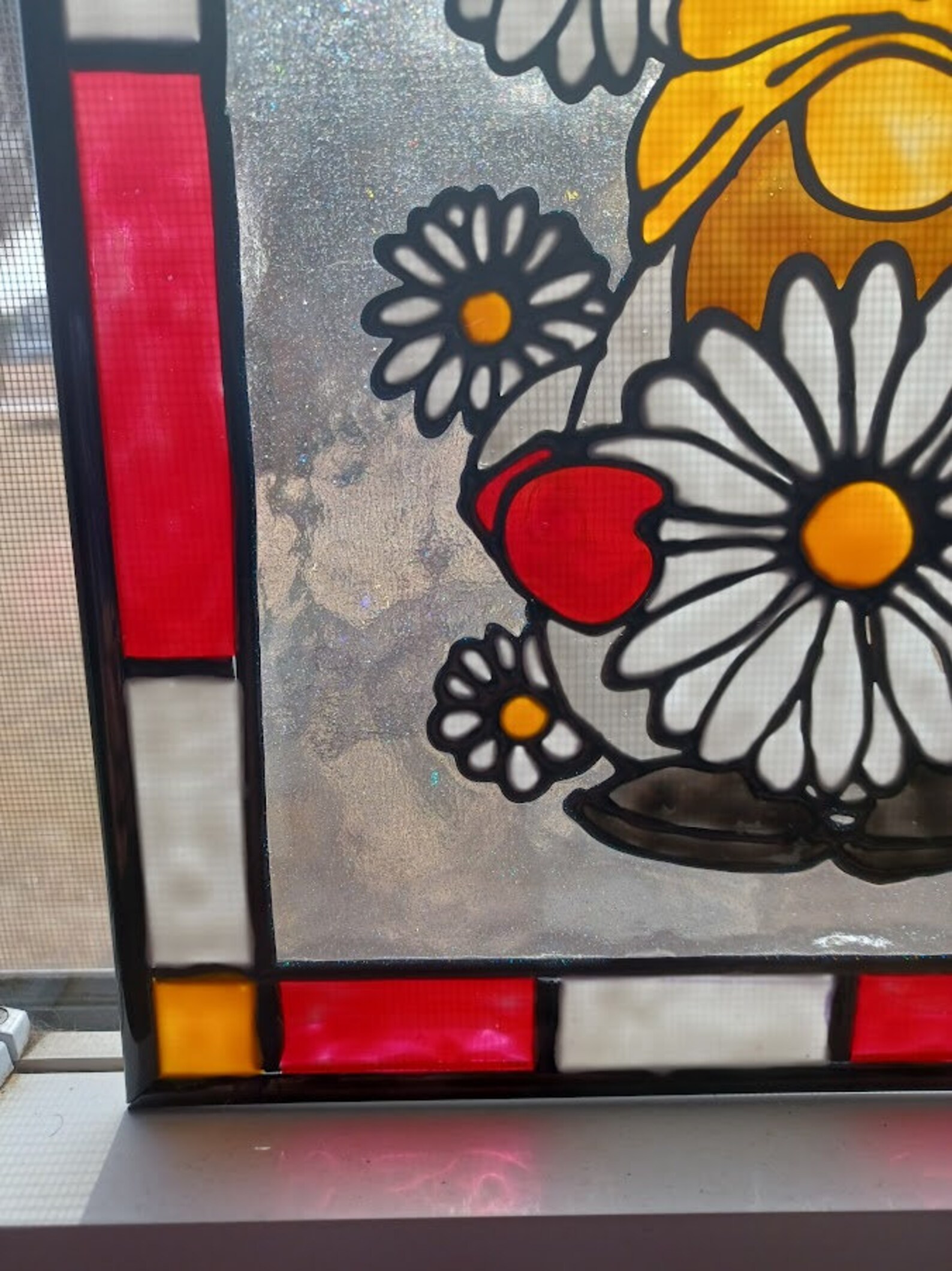 Gnome and Daisies Stained Glass Window Panel Hand Painted - Etsy