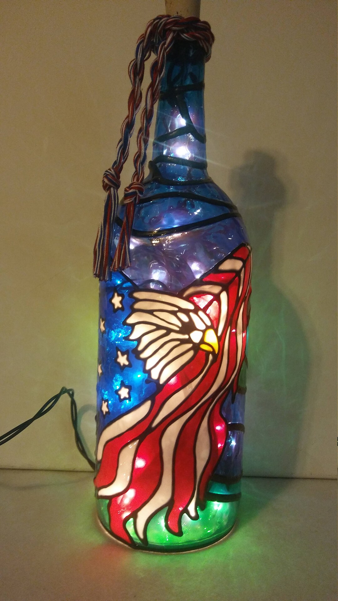 American Eagle Flag Bottle Lamp, Bottle Light Lighted Handpainted Wine ...