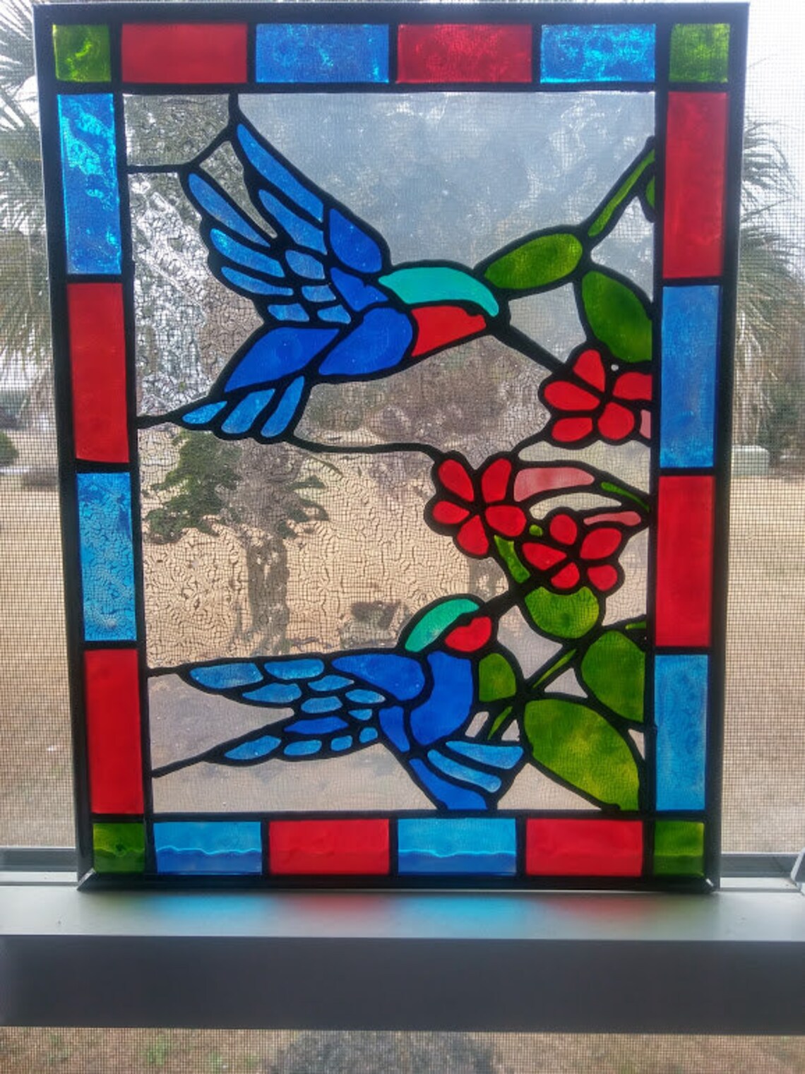 Hummingbirds Stained Glass Window Panel Hand Painted | Etsy Canada