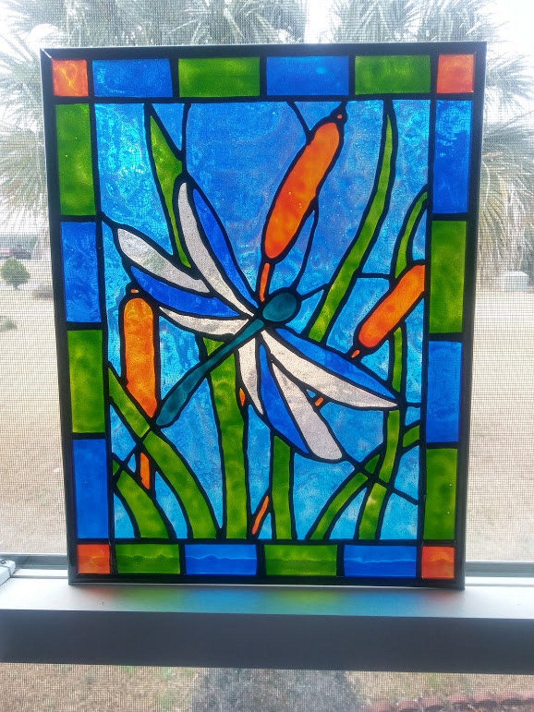 Dragonfly Stained Glass Window Panel Hand Painted - Etsy