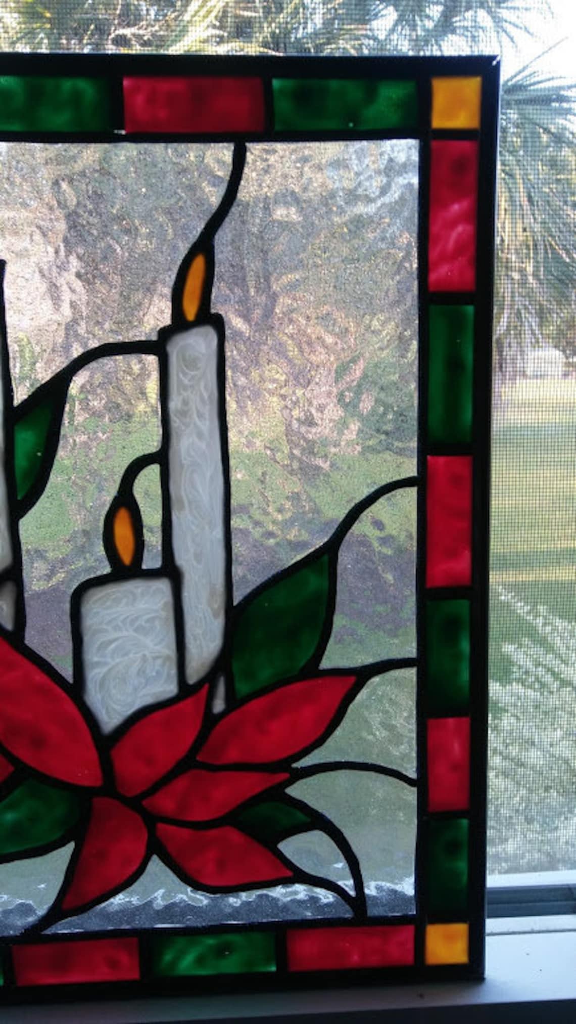 Christmas Candles Stained Glass Window Panel Hand Painted - Etsy
