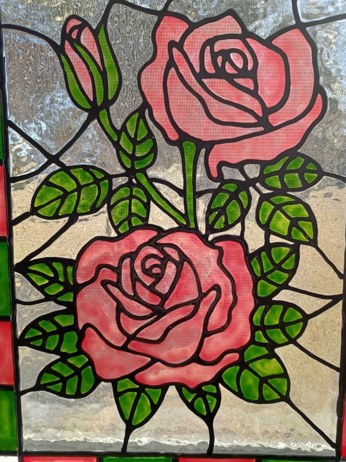 Pink Roses Stained Glass Window Panel Hand Painted | Etsy UK