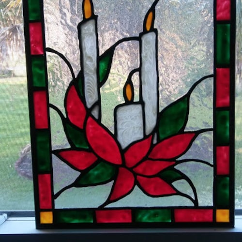 Christmas Candles Stained Glass Window Panel Hand Painted | Etsy