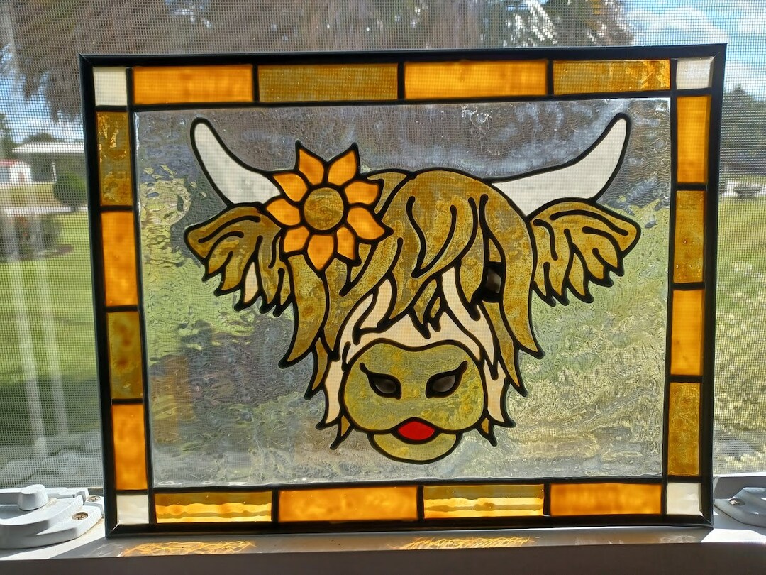 Highland Cow Stained Glass Window Panel Hand Painted. - Etsy UK