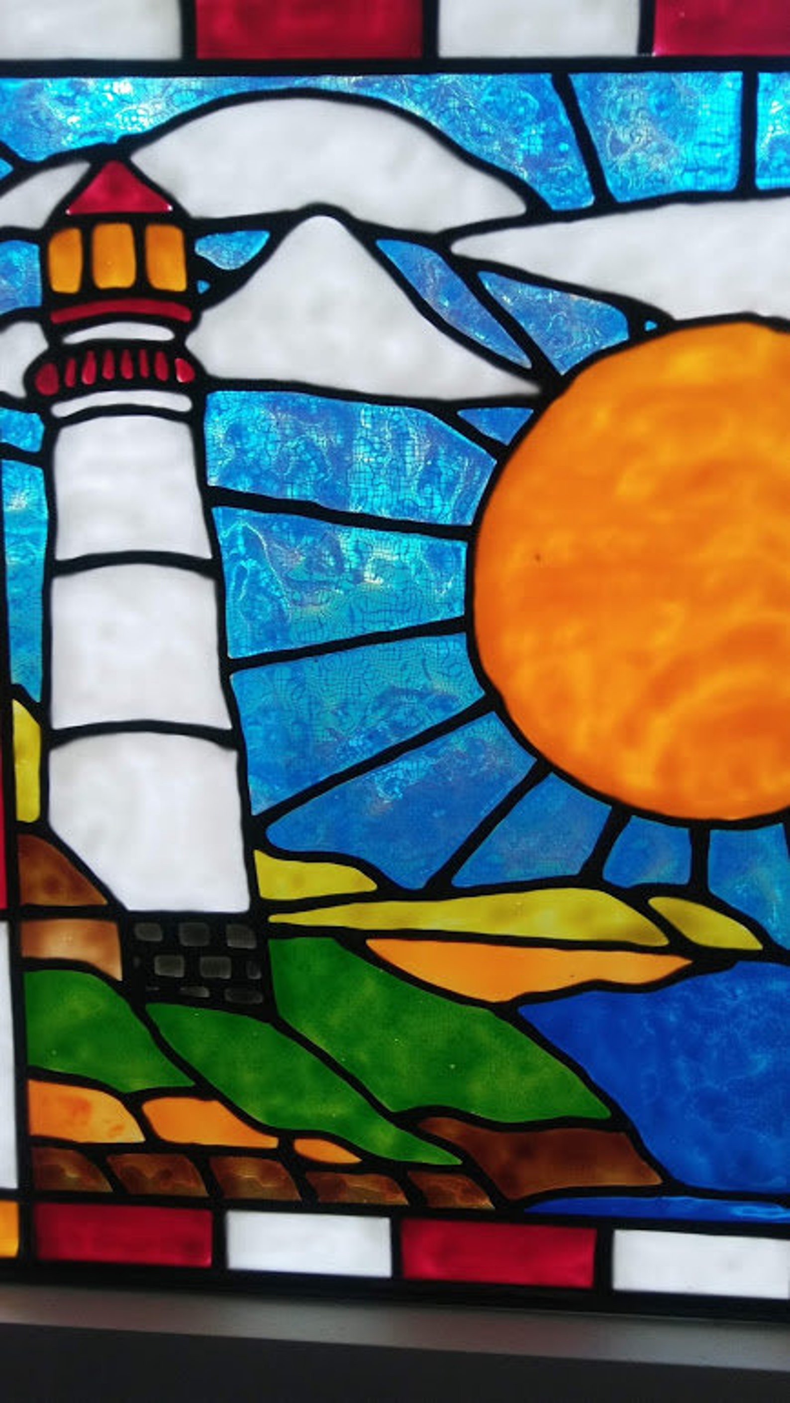 Lighthouse Sunshine Stained Glass Window Panel Hand Painted | Etsy
