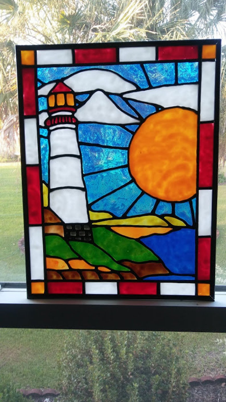Lighthouse Sunshine Stained Glass Window Panel Hand Painted - Etsy