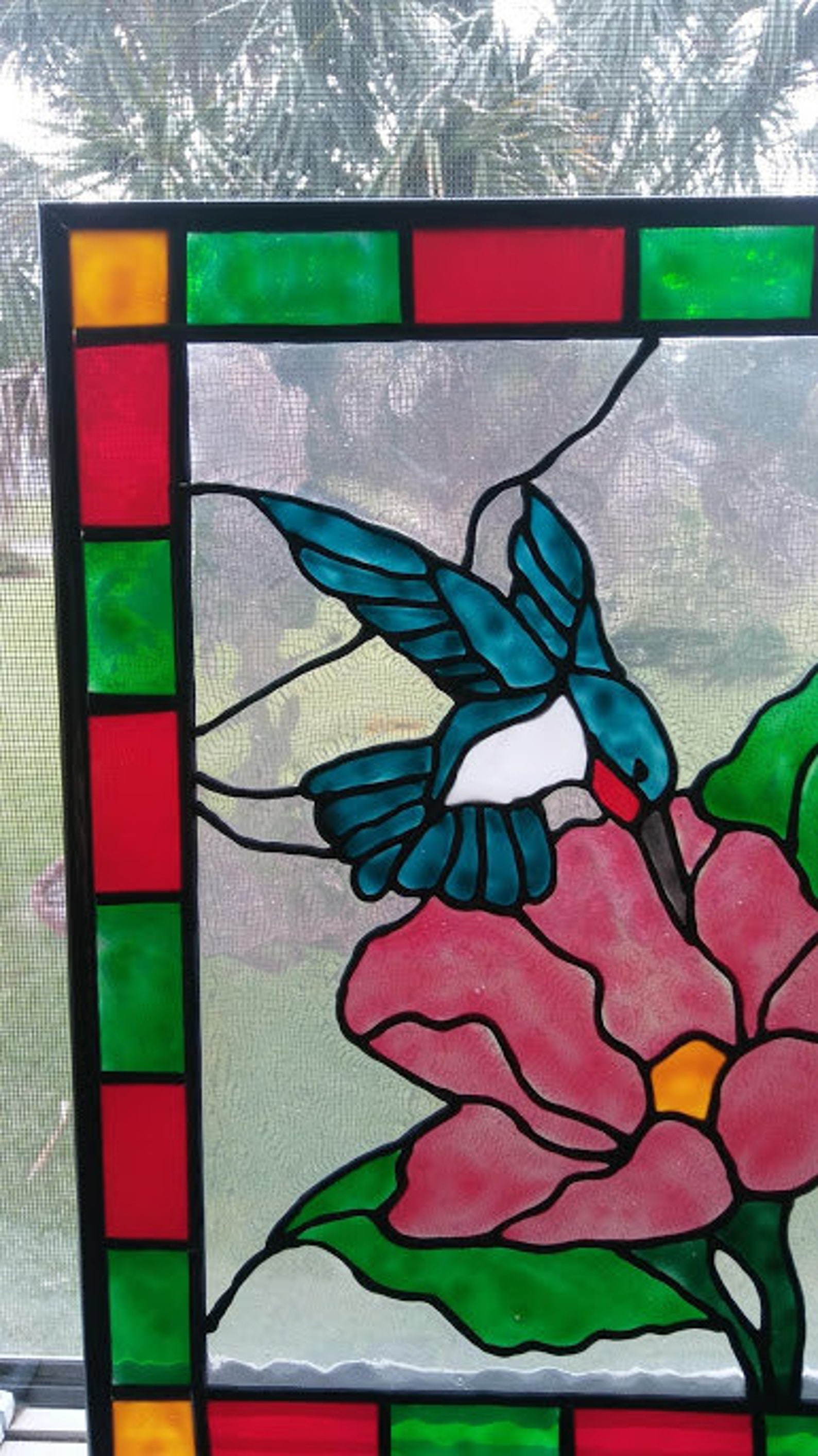 Hummingbird Stained Glass Window Panel Hand Painted - Etsy