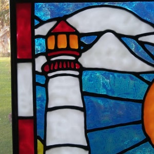 Lighthouse Sunshine Stained Glass Window Panel Hand Painted - Etsy