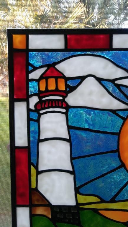 Lighthouse Sunshine Stained Glass Window Panel Hand Painted | Etsy