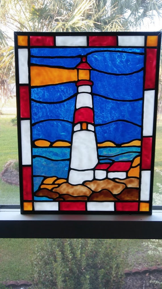 Lighthouse Night time Stained Glass Window Panel hand painted | Etsy