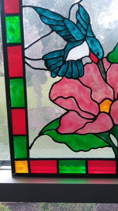 Hummingbird Stained Glass Window Panel Hand Painted - Etsy