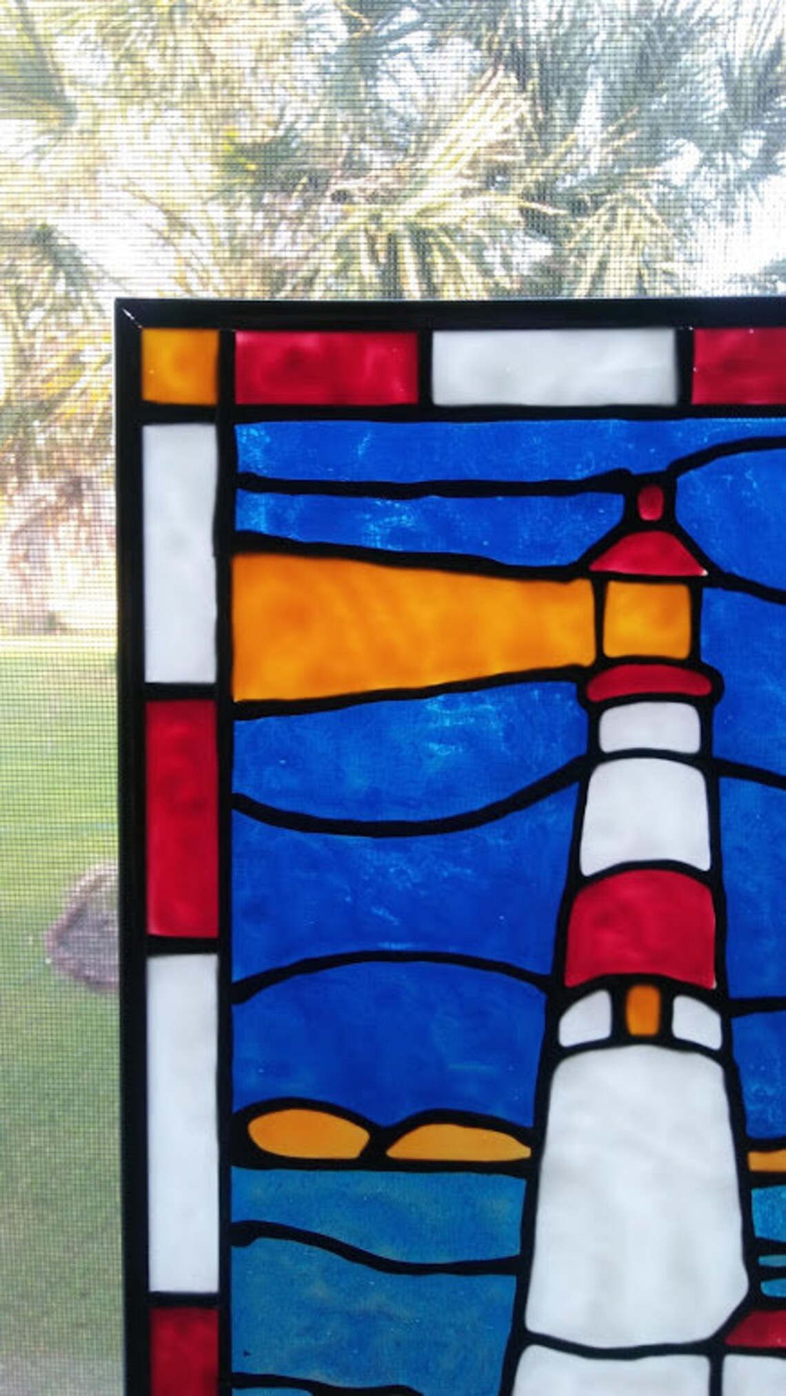 Lighthouse Night Time Stained Glass Window Panel Hand Painted - Etsy