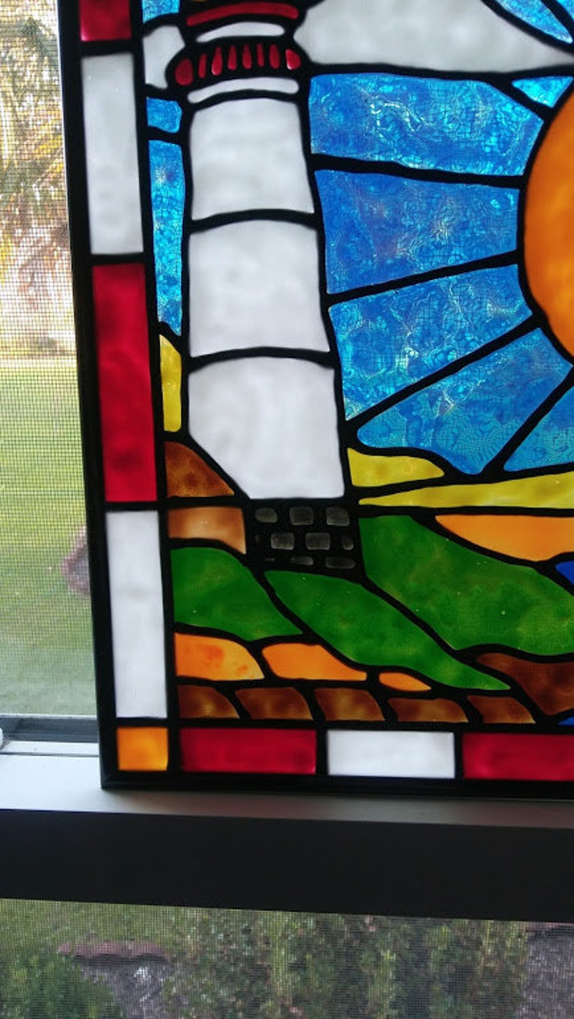 Lighthouse Sunshine Stained Glass Window Panel Hand Painted | Etsy