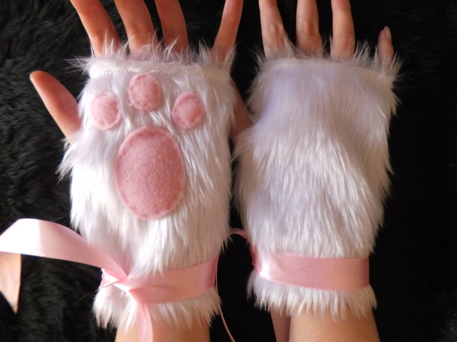 Cute White Pink Furry Bunny Rabbit Paw Print Fingerless Gloves | Etsy