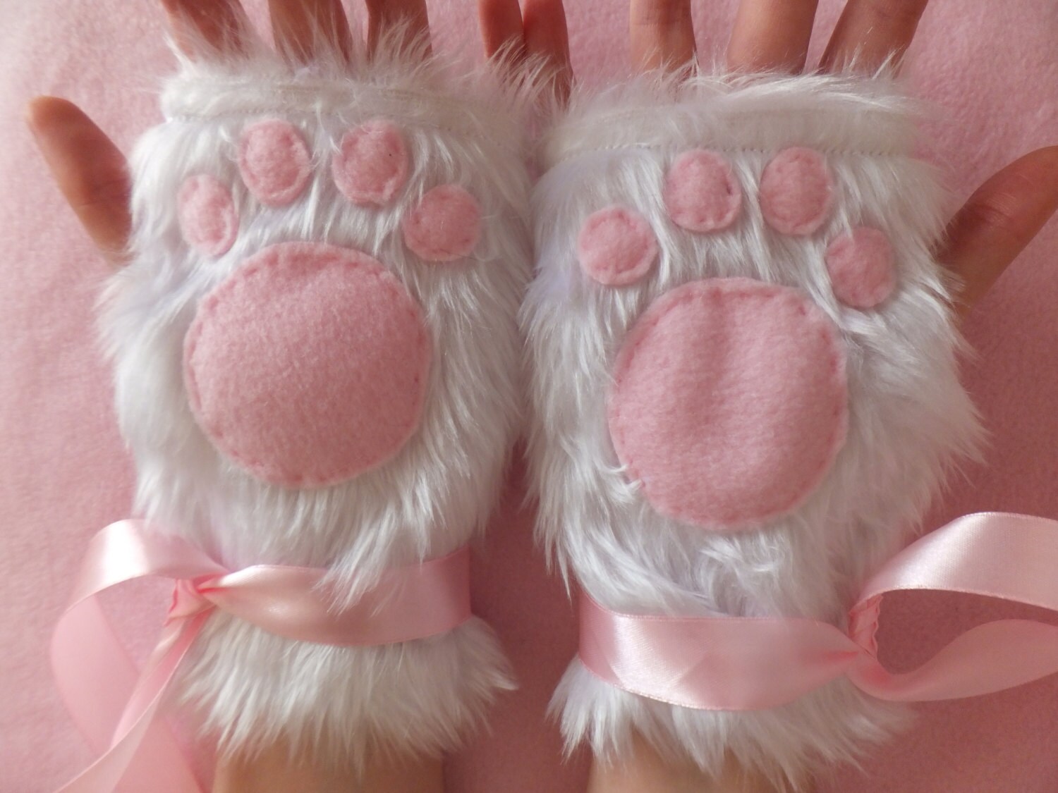 Cute White & Pink Furry Kitty Cat Paw Neko Fingerless Gloves - Etsy