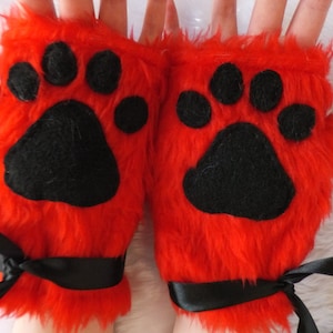 Cute Red Furry Wolf Fox Dog Neko Cat Black Paw Print Fingerless Gloves ...