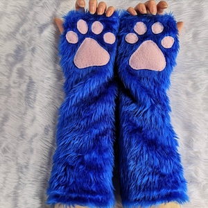 Choose Your Colours Blue Pink Elbow Length Furry Faux Fur Cat Wolf Fox Neko Paw Grey Fingerless Long Gloves Arm Warmers Halloween Etsy UK