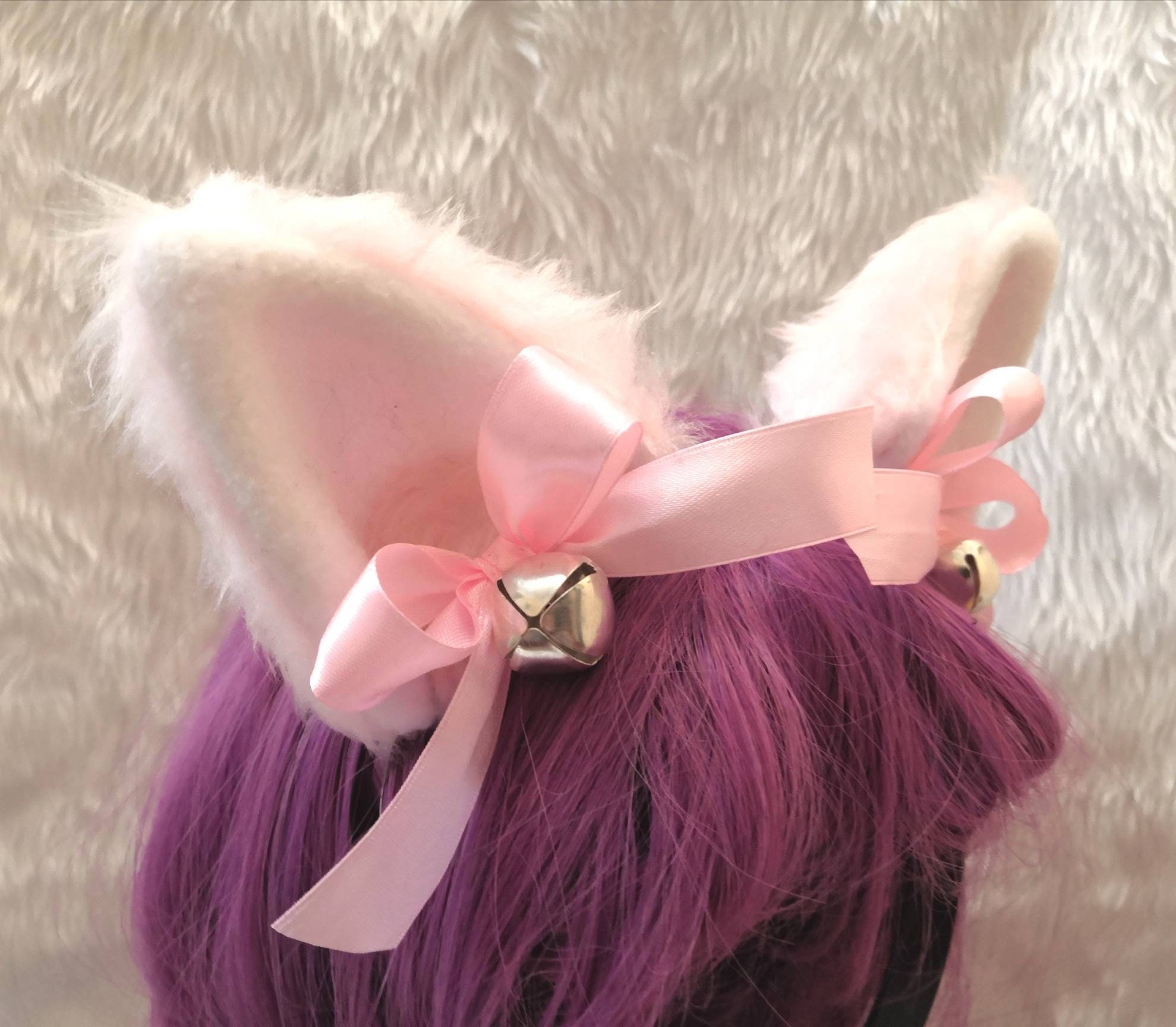 Pink White Bow Silver Bells Furry Cosplay Cat Neko Ears | Etsy
