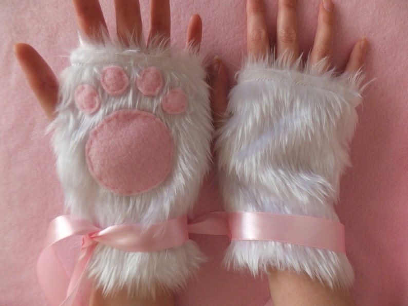 Cute White & Pink Furry Kitty Cat Paw Neko Fingerless Gloves - Etsy