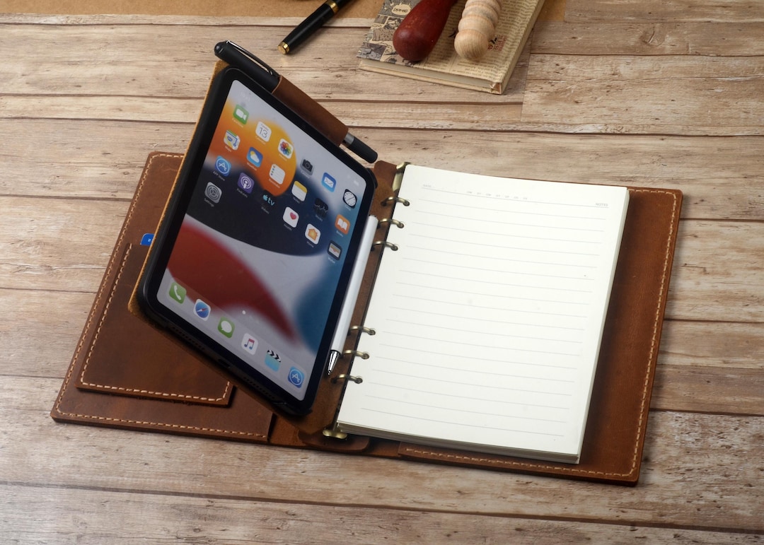 Leather iPad Mini Binder Cover With A5 Paper Pad,6-ring A5 Binder Folio ...