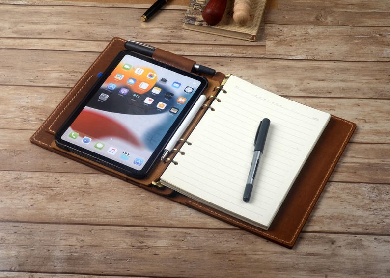 Leather iPad Mini Binder Cover With A5 Paper Pad,6-ring A5 Binder Folio ...