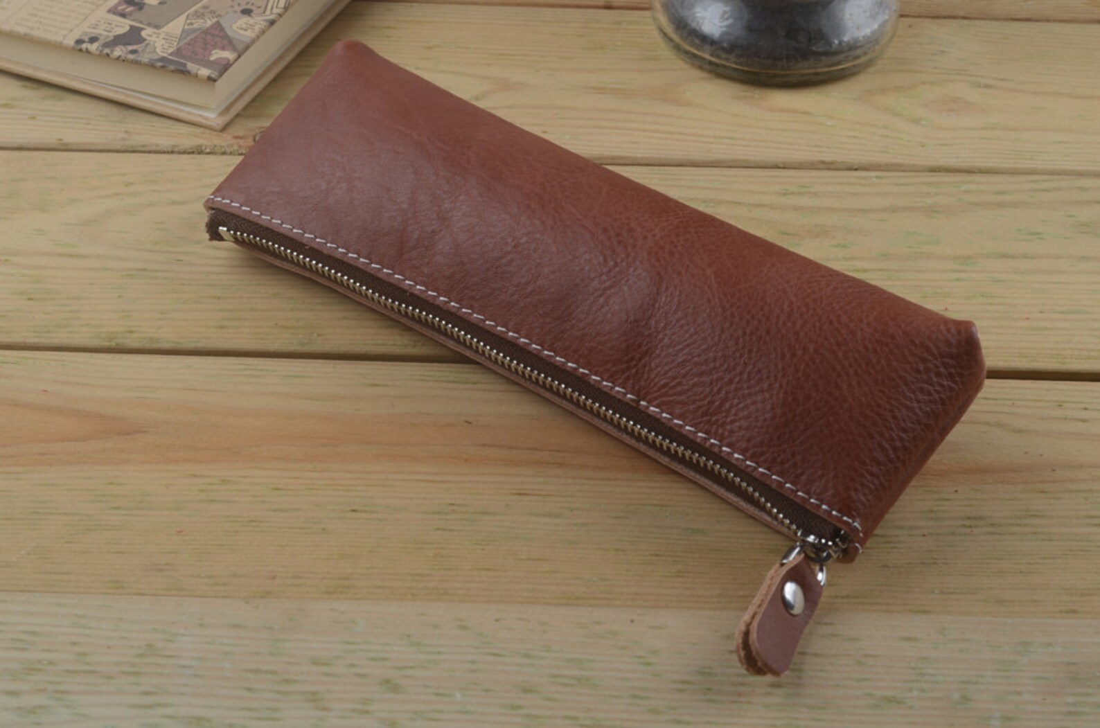 Leather Pen Case Pen Holder Pencil Pouch Zipper, Pen Cover Carrying ...