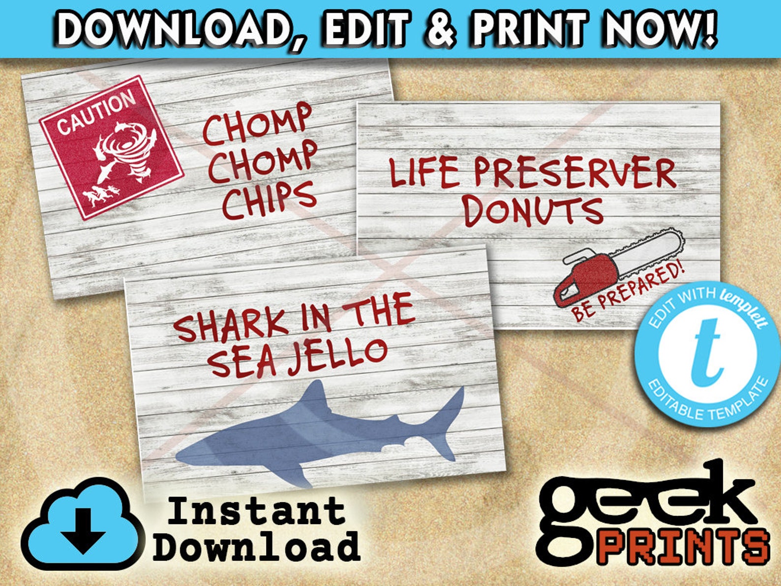 Shark Week Menu Cards With Editable Text Templett | Etsy