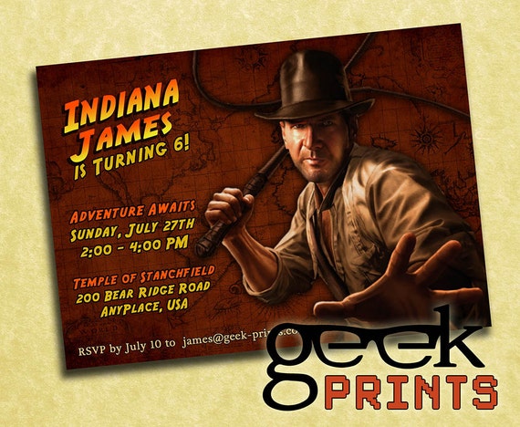 Indiana Jones Movie Theme Birthday Invitation Custom Printable by Geek ...