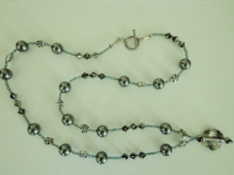Gray and Silver Tones Pendant Necklace, Swarovski Glass Pearls Beaded ...
