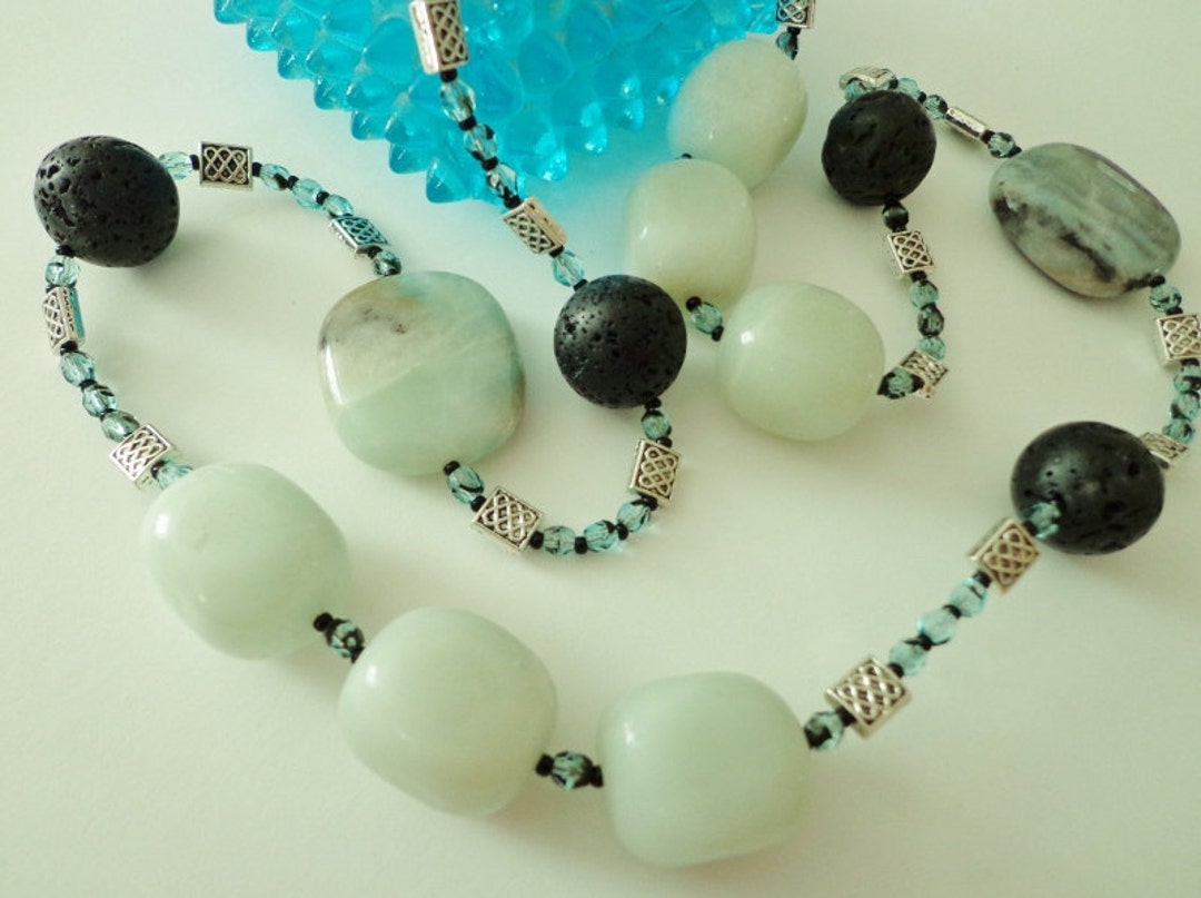 Amazonite Necklace, Pale Blue Amazonite/black Tourmaline Gemstone Beads ...