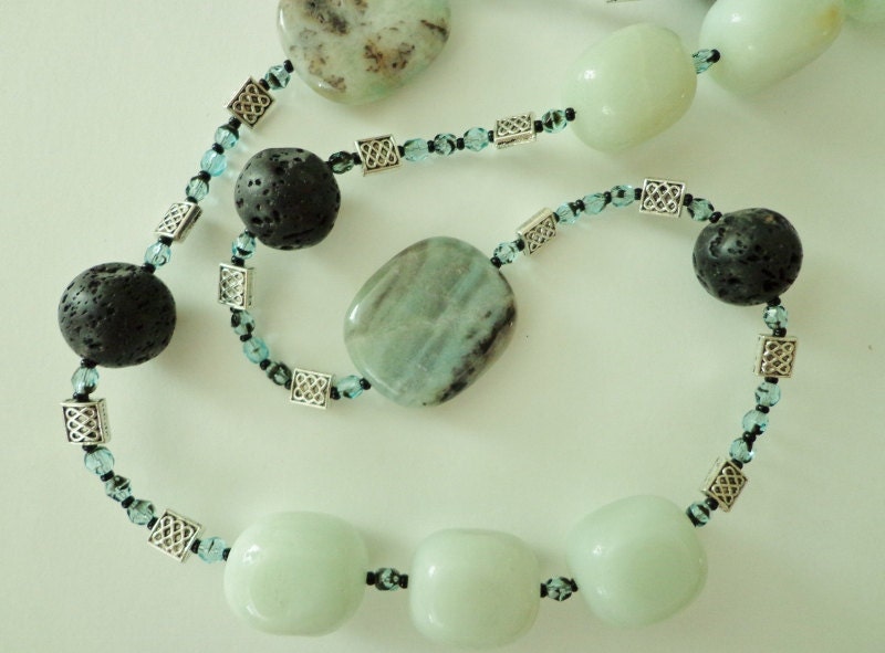 Amazonite Necklace, Pale Blue Amazonite/black Tourmaline Gemstone Beads ...