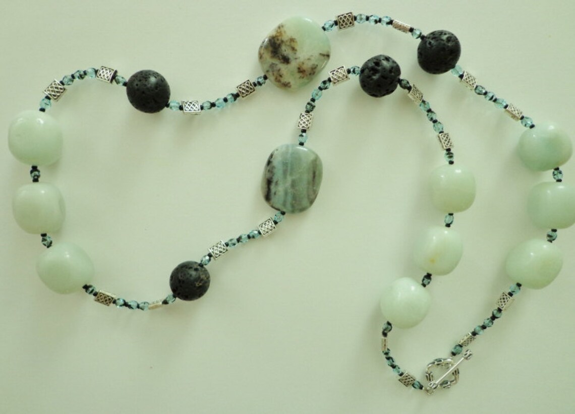Amazonite Necklace, Pale Blue Amazonite/black Tourmaline Gemstone Beads ...