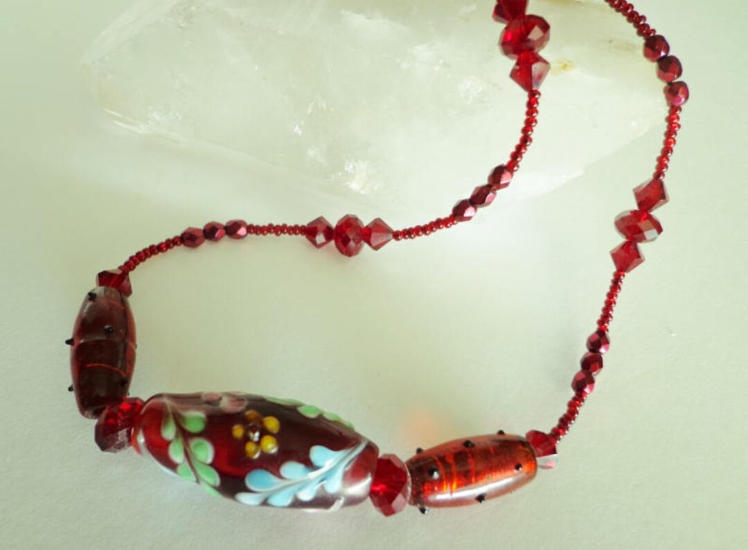 Ruby Red Glass Beads Necklace, Dark Red Lampworked Glass Beads Necklace ...