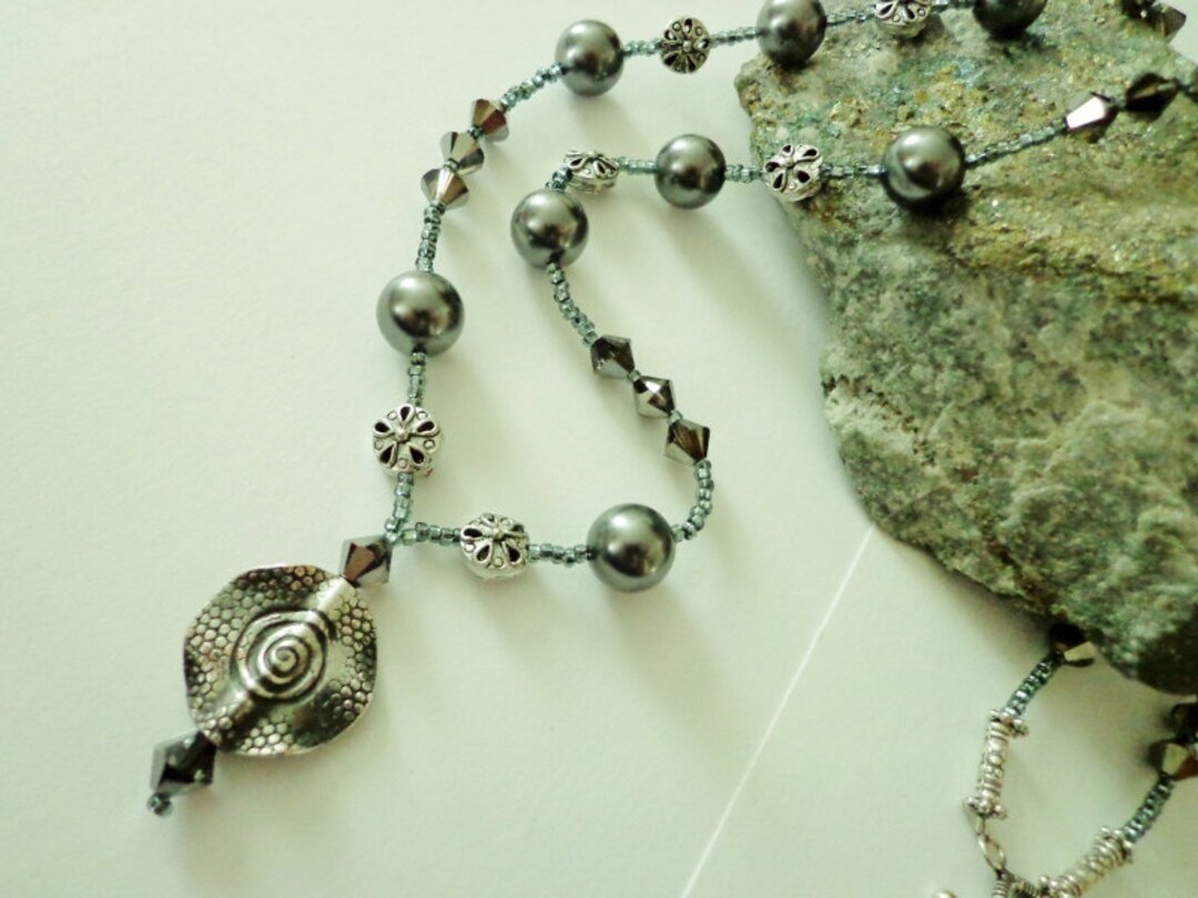 Gray and Silver Tones Pendant Necklace, Swarovski Glass Pearls Beaded ...