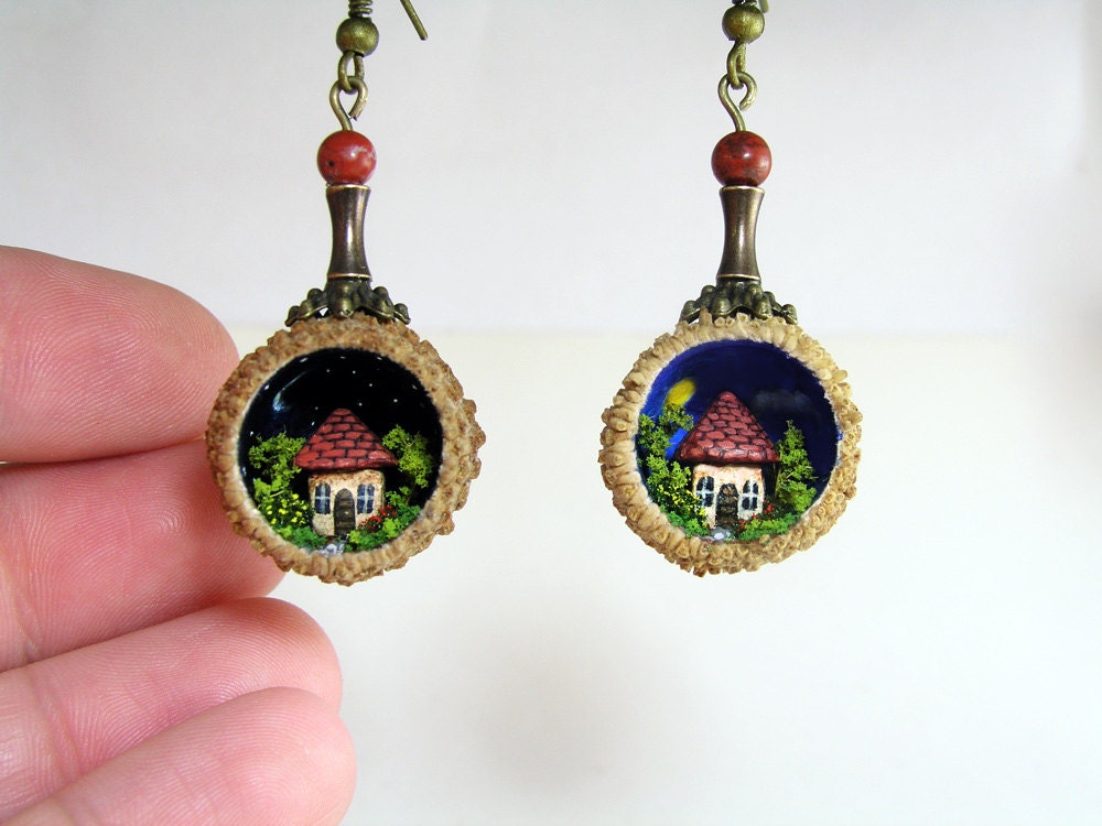 Miniature World Earrings in Acorn Caps. Tiny Little House in Green ...