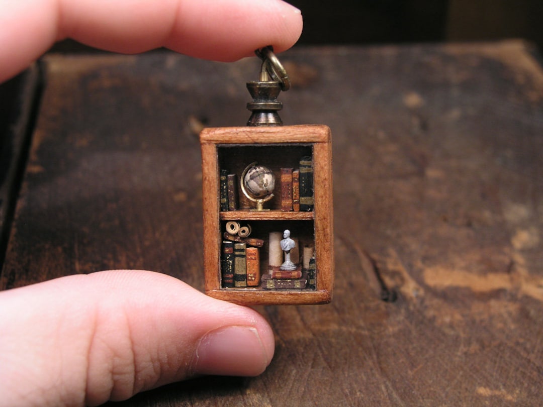 Miniature Library Pendant, Full of Tiny Books, Parchments, a Globe and ...
