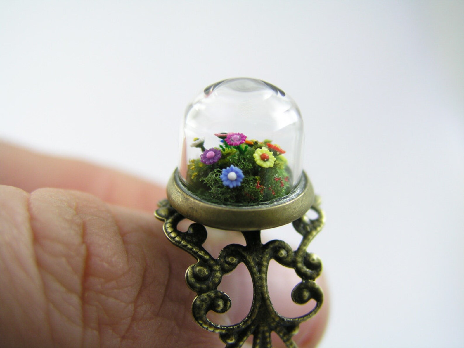 Miniature Flower Garden in a a Glass Dome. Adjustable Brass Ring. - Etsy