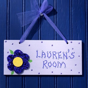 Girl's Flower Room Sign. Hand Personalized. Glittered Flower. Kids Wall ...