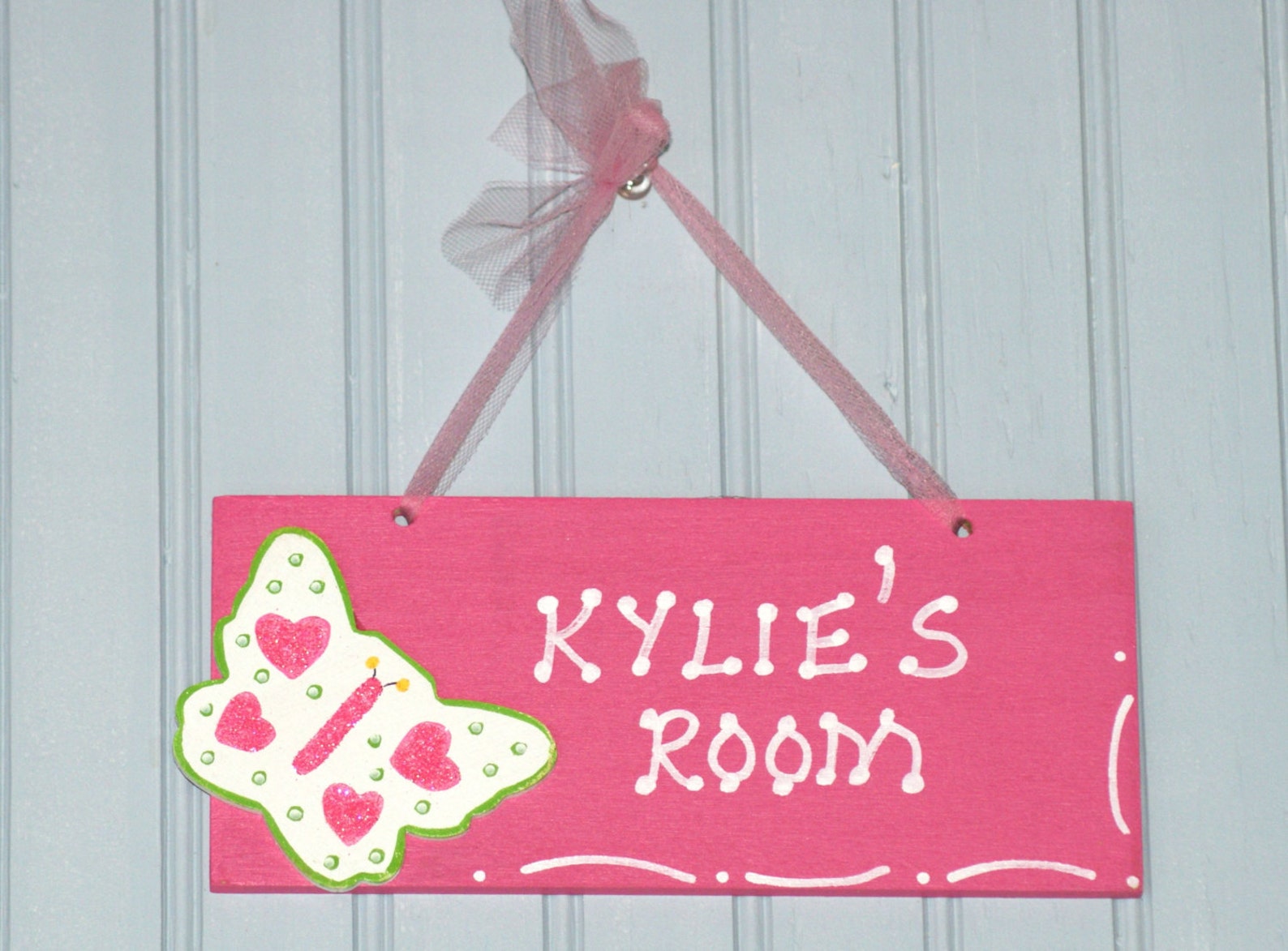 BUTTERFLY Room Sign. Personalized, Glittered Pink & Green Butterfly ...