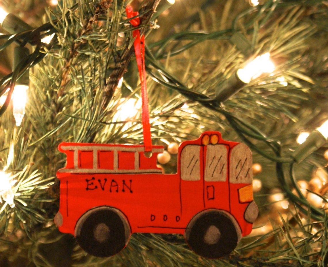 Personalized Ornament FIRE TRUCK. Painted Wood Ornament Red. - Etsy