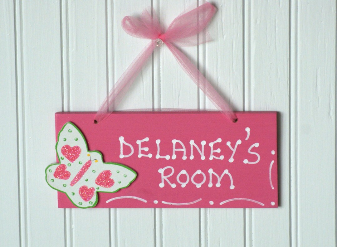 BUTTERFLY Room Sign, Hand Personalized. Glittered Pink & Green ...