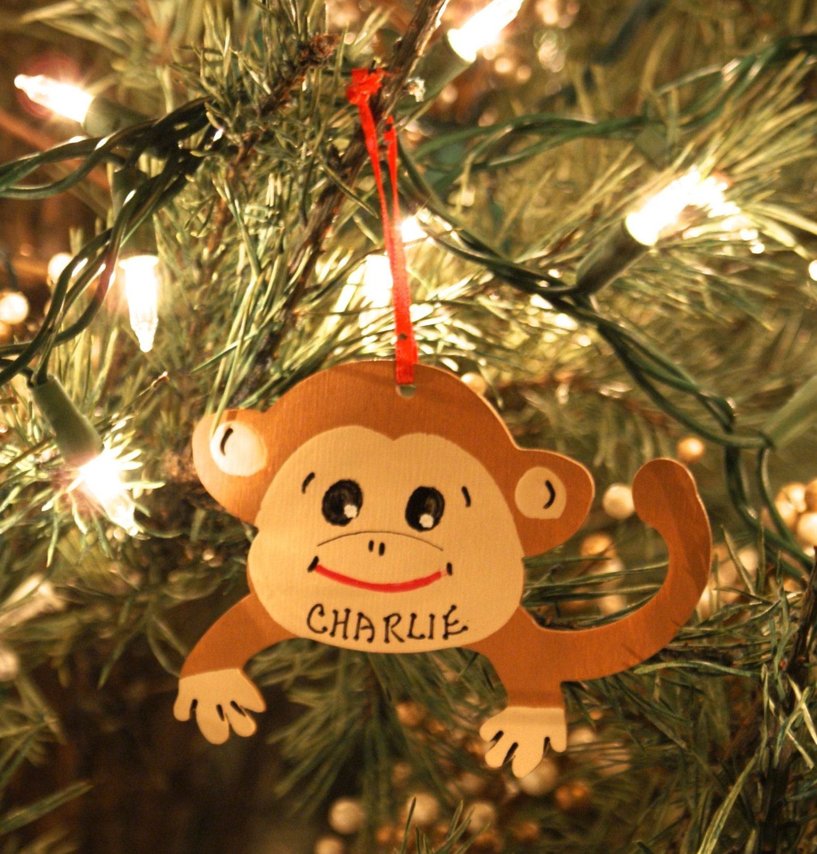 Personalized Wooden Ornament MONKEY. Painted Wood Brown & - Etsy