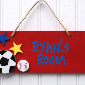 SPORT Room Sign, Hand Personalized, Red. Soccer, Baseball, Star Cutouts ...