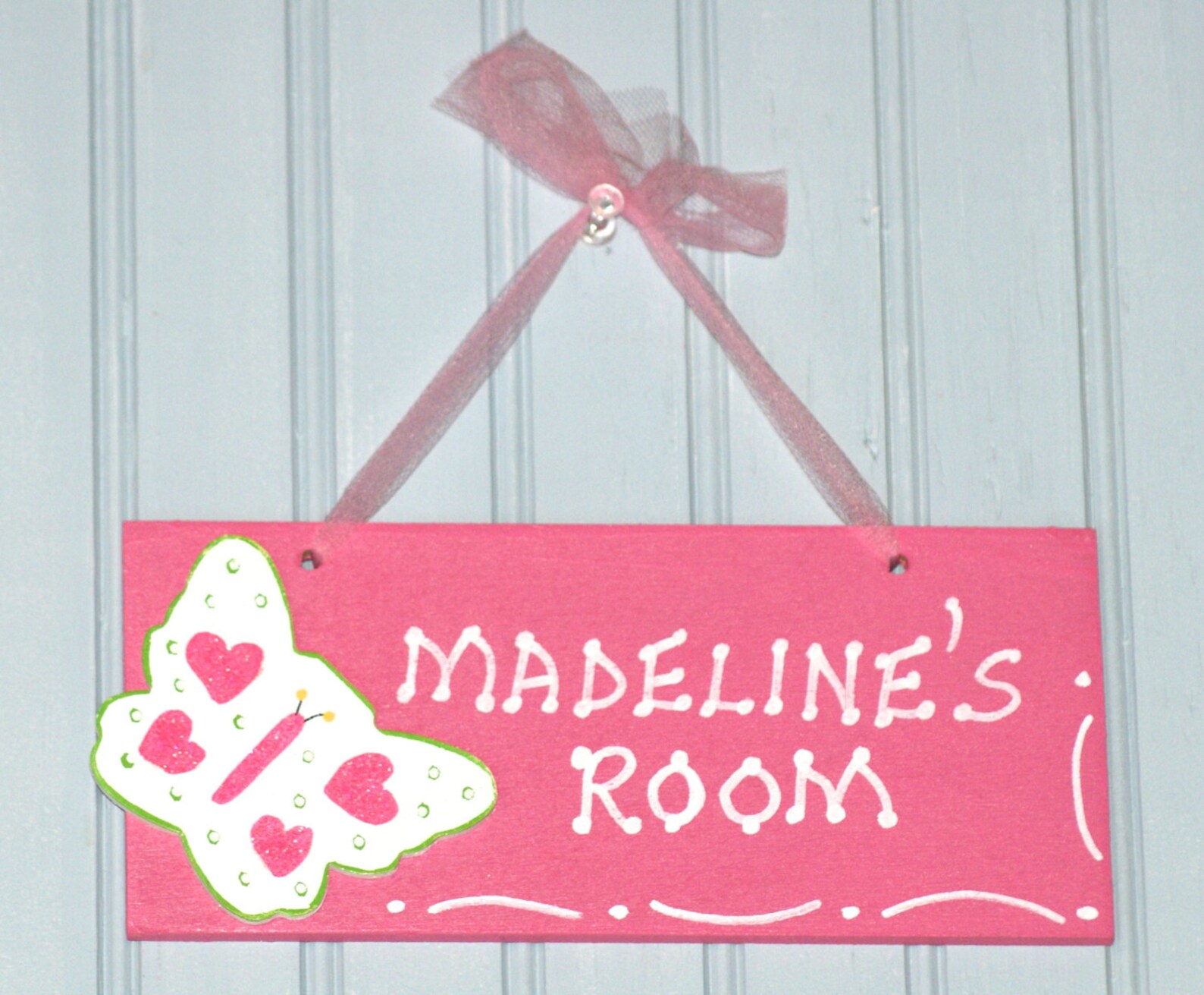 BUTTERFLY Room Sign. Personalized Glittered Pink & Green - Etsy