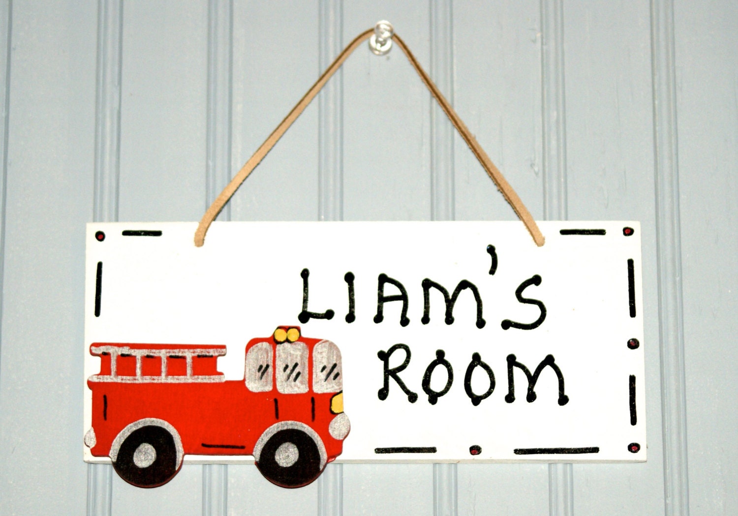 Fire Truck Room Sign, Hand Personalized, White With Red Truck. Kid's ...