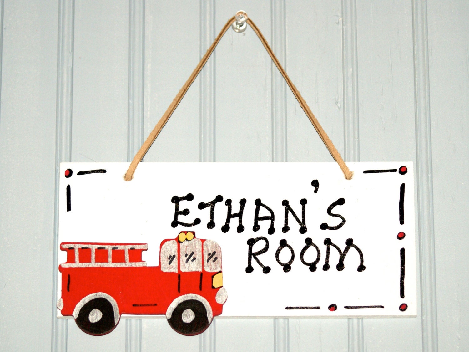 Fire Truck Room Sign, Hand Personalized, White With Red Truck. Kid's ...