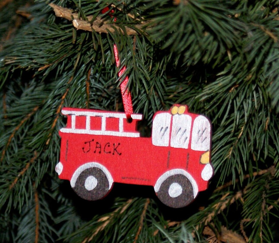 FIRE TRUCK Ornament, Red. Hand Personalized, Painted Wood. Christmas ...